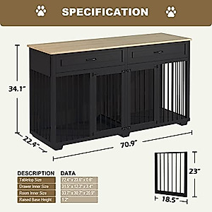 Large Dog Crate Furniture,Wooden Dog Crate Cage with Room Divider and 2 Drawer, Heavy Duty Dog Crate Kennel Furniture for Large and Medium Dog Indoor, Big Dog Crate with 2 Doors, Black
