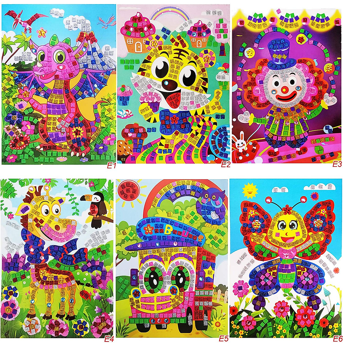 Mosaic Sticker Art Kits for Kids - Mosaic Sticker Art Sticky DIY Handmade Art Kits for Kids - Dinosaur, Horse, Peacock, Elephant, Tiger, Giraffe, Fish, Bee, Clown, Bus, Taxi, Submarine(12 Pack)