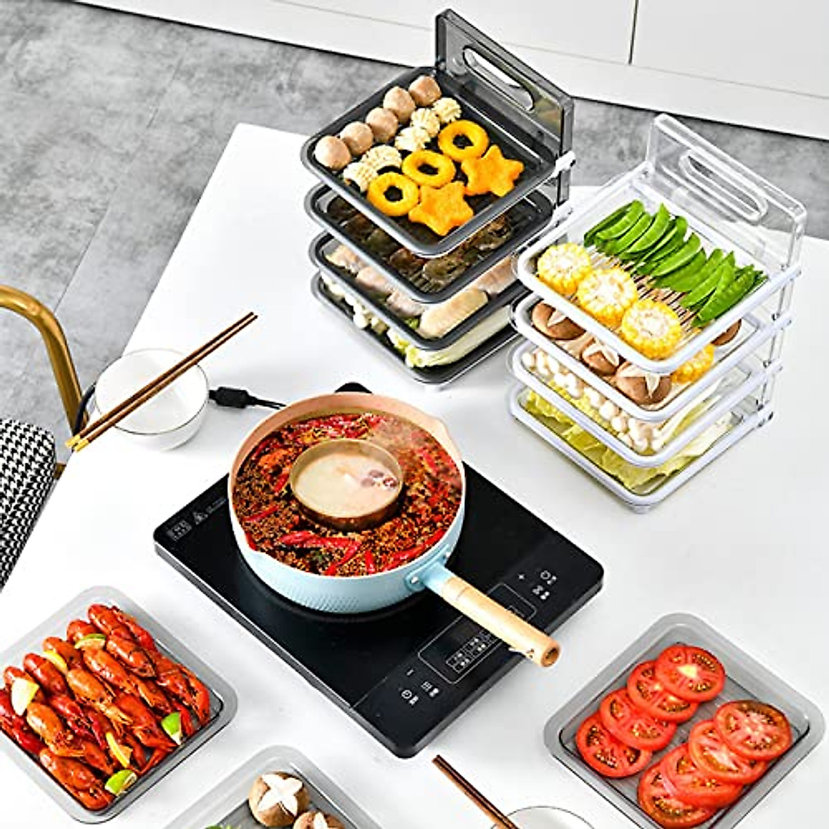 ZYLLZY Kitchen Side Dish Organization Rack, Wall Mounted Food Sorting Tray, Multilayer Food Sorting Tray, 4 Layers Storage Tray Collapsible Side Dish Stacking Storage for Hotpot Kitchen(Grey)