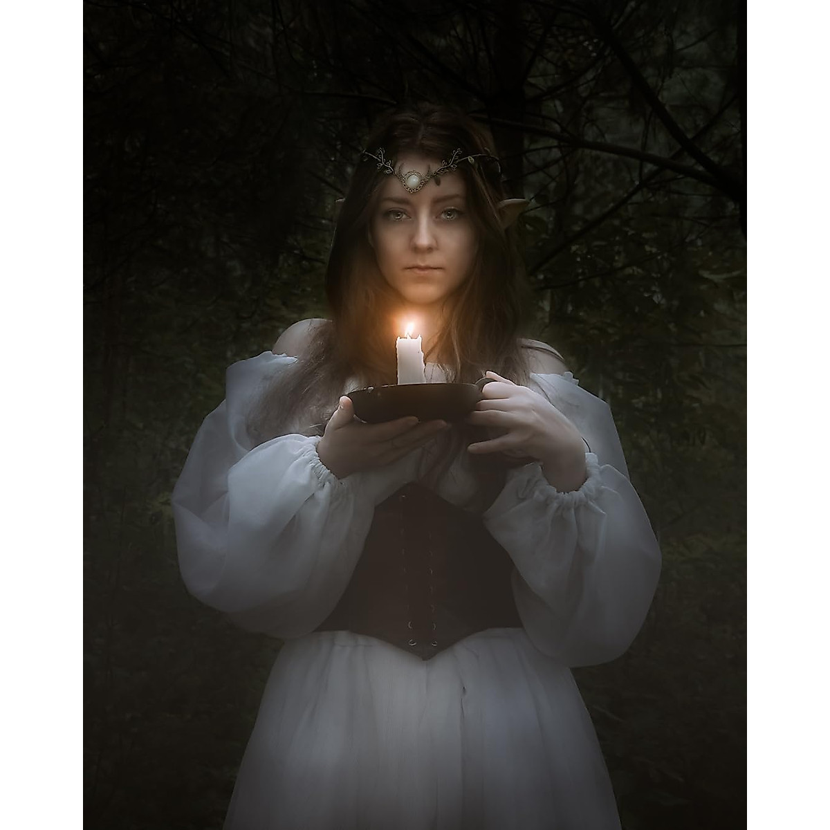 MOSTORY Handmade Elf Moon Crown - Fairy Flower Headpiece Woodland Circlet Elven Floral Headband for Women Girls Renaissance Forest Princess Wedding Bridal Cosplay Bronze Green