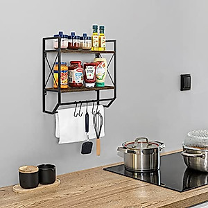 Bathroom Wall Shelf Wall Mounted Industrial 2 Tier Wood Bathroom Towel Rack with Towel Bar, 5 Metal Hooks Rustic Wall Hanging Toilet Storage Shelf for Kitchen, Bathroom, Brown
