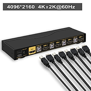 CKLau KVM Switch HDMI 4 Port wit Audio and 4 kit Cables, 4 Port HDMI KVM Switch Support 4K@60Hz 4:4:4, EDID, Hotkey Switching