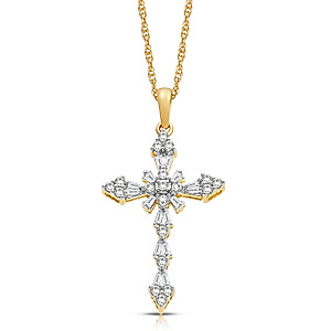 Jewelili Cross Pendant Necklace in 10K Yellow Gold with 1/2 Cttw Natural White round and baguette Diamonds 18" Rope Chain
