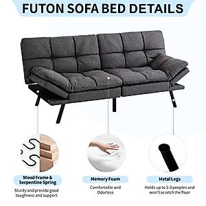 MUUEGM Convertible Futon Sofa Bed, Futon Couch Filled with Memory Foam, Ajustable Backrest Armrest Folding Sofa Bed for Living Room, Small Space, Apartment, Loveseat Daybed for Sleeper Dark Gray