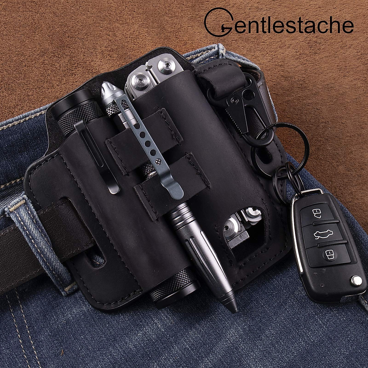 Gentlestache Belt Sheath, Practical EDC Leather Belt Organizer with Multitool Pouch, Flashlight/Pen Holder and Keychain Clip for Men Black