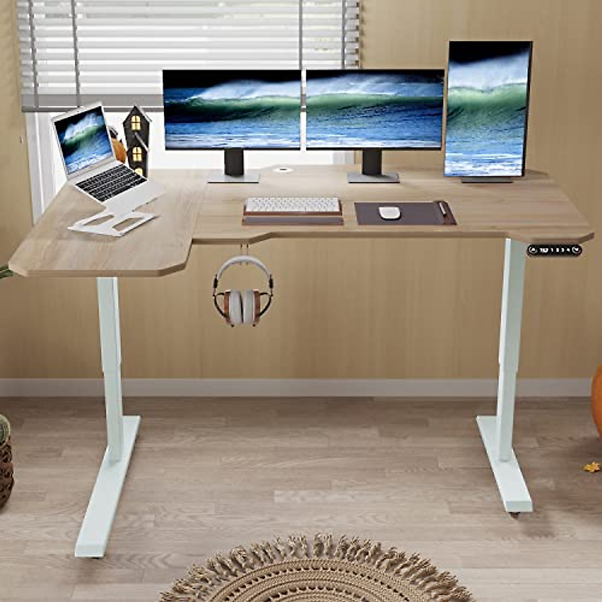 BUNOEM L-Shaped 59" Height Adjustable Electric Standing Desk,Height Stand Up Computer Desk,Sit and Stand Home Office Desk with Splice Board (Oak Top, White Frame)