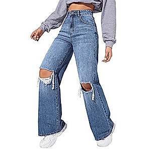 SweatyRocks Women's High Waisted Wide Leg Jeans Casual Loose Ripped Denim Pants Medium Wash S