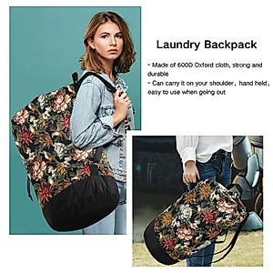VIGTRO Vintage Spring Flower Bird Large Heavy Duty Laundry Backpack Hamper with Shoulder Strips and Drawstring, Retro Peony Floral Nylon Waterproof Laundry Bag Durable for Dorm Laundromat Travel