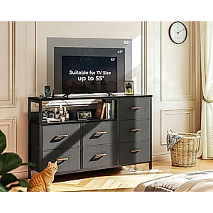 AODK Dresser with Charging Station, 52 Inches Long Dresser for Bedroom with 7 Large Fabric Drawers, Dresser TV Stand with Open Shelves for 55-Inch TV for Living Room, Dark Grey and Black