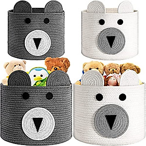 4 Pieces Cotton Rope Bear Animal Basket 2 Sizes Cute Bear Basket with Handles Cotton Rope Storage Basket Foldable Woven Storage Basket Baby Laundry Hamper Nursery Bins for Toys, Blanket, Clothes
