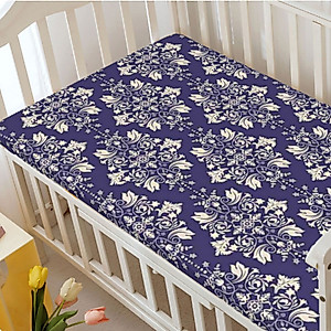 Royal Blue Themed Fitted Mini Crib Sheets,Portable Mini Crib Sheets Ultra Soft Material-Baby Sheet for Boys Girls,24“ x38“,Violet Blue Beige