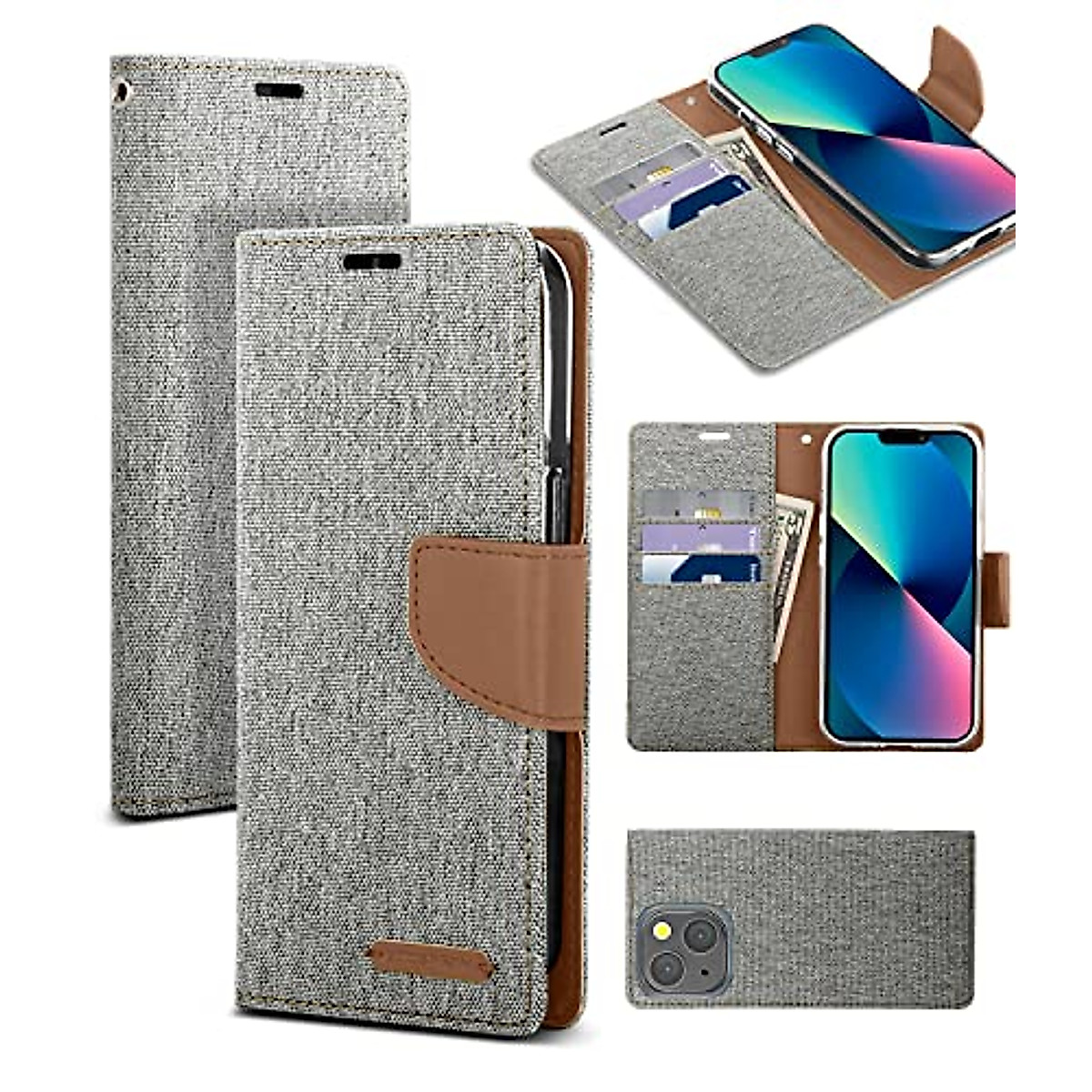 GOOSPERY Canvas Wallet Designed for Apple iPhone 13 Wallet Case, Stylish Denim Fabric Design [3 Card Slots & 1 Side Cash Pocket] [Standing Feature] Card Holder Flip Phone Cover - Gray