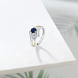 Gem Stone King 925 Sterling Silver and 10K Yellow Gold Blue Sapphire and White Lab Grown Diamond 2 Stone Crossover Ring For Women (1.12 Cttw, Gemstone Birthstone, Available In Size 5, 6, 7, 8, 9)