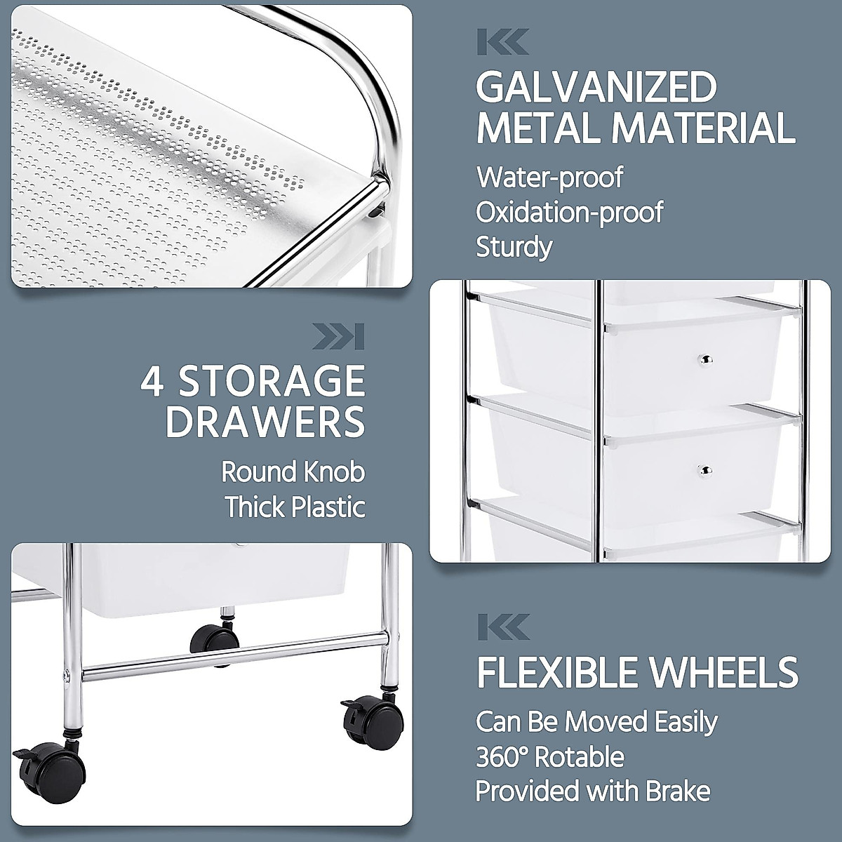 Yaheetech 4 Drawers Cart Rolling Plastic Storage Cart and Organizer Metal Frame Plastic Drawers Plastic Trolley Organizer on Wheels, White