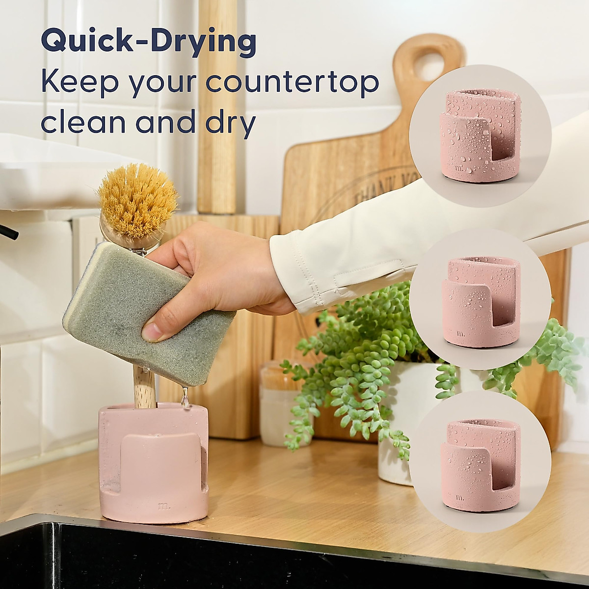 MaisoNovo Concrete Sink Sponge Holder - Kitchen Sponge Holder for Sink, Concrete Sponge and Brush Holder, Soap Dispenser, Pink Concrete Holder with Pink Oval Tray and Amber Bottle Black Pump