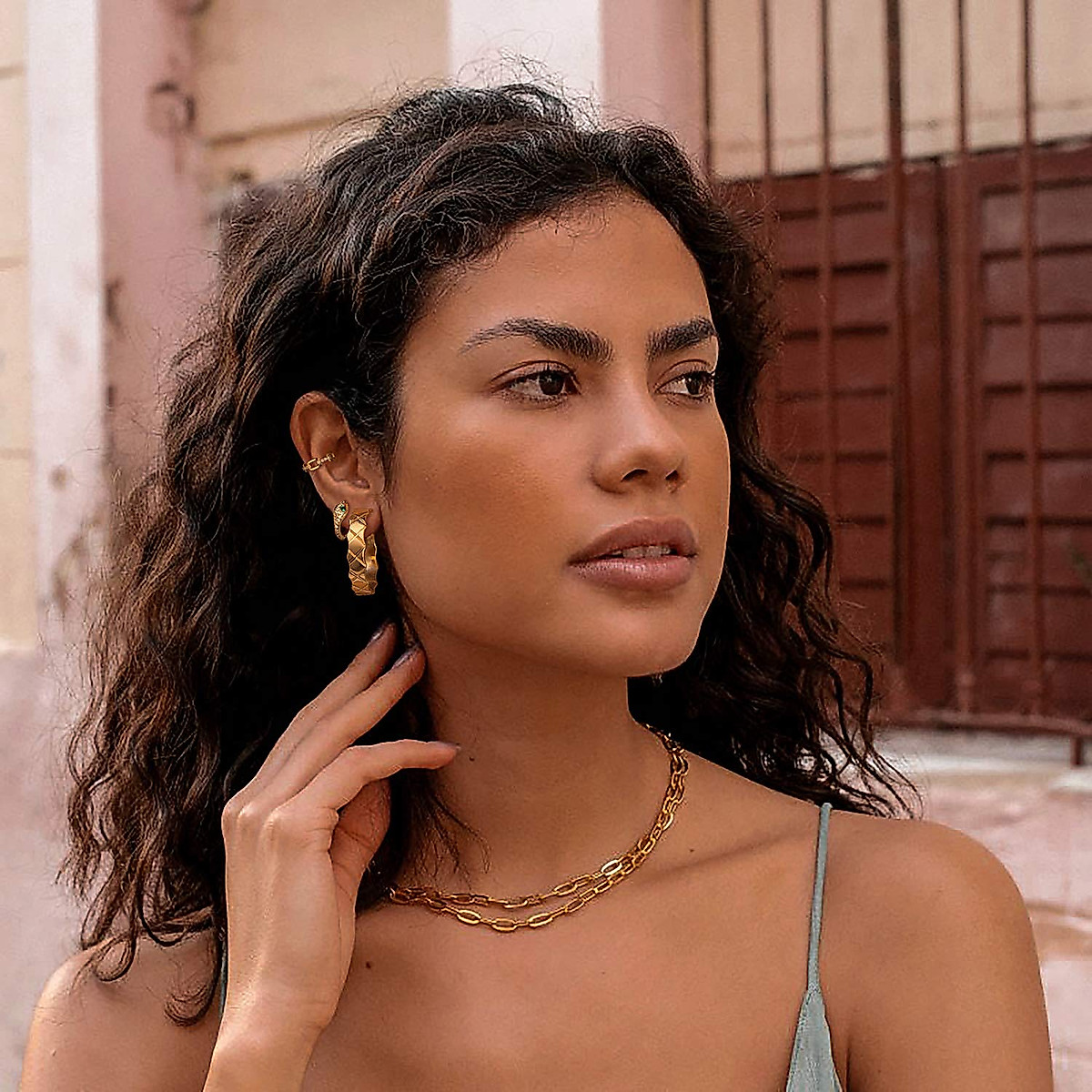 MYEARS Women Gold Huggie Hoop Snake Earrings Ear Stud Cuff Cubic Zirconia 14K Gold Plated Small Simple Minimalist Hypoallergenic Everyday Jewelry