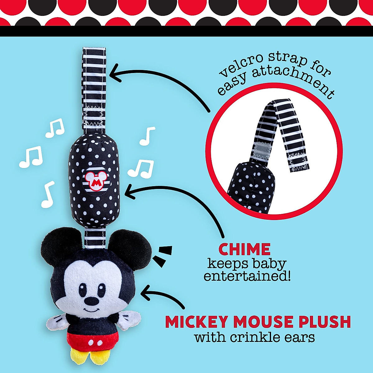 KIDS PREFERRED Disney Baby Mickey Mouse Chime Toy, High Contrast Crinkle Plush, Boys and Girls Ages 0+, Stroller On The Go Activity Toy (81248),9 inches