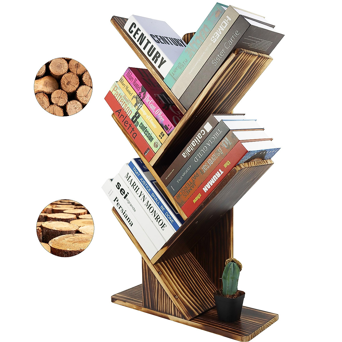 vicatova 4 Tier Solid Wood Tree Bookshelf, Shelves for Bedroom Living Room, Home Office, Bookshelf for Kids, Wooden Bookshelves Storage Rack for CDs, Movies, Books, Small Bookcase，Rustic Brown