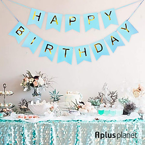 Blue Happy Birthday Banner, Shimmering Gold Letters, Happy Birthday Bunting Banner for Party Decorations, Swallowtail Flag Happy Birthday Sign for Kids Boys Adults Birthday