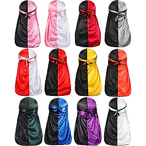12 Pieces Silky Durag Pirate Cap Long Tail Headwraps for Men and Women Silky Durag Hip Hop Rapper Doo Rag Sleep Hat (Two-Tone Style)