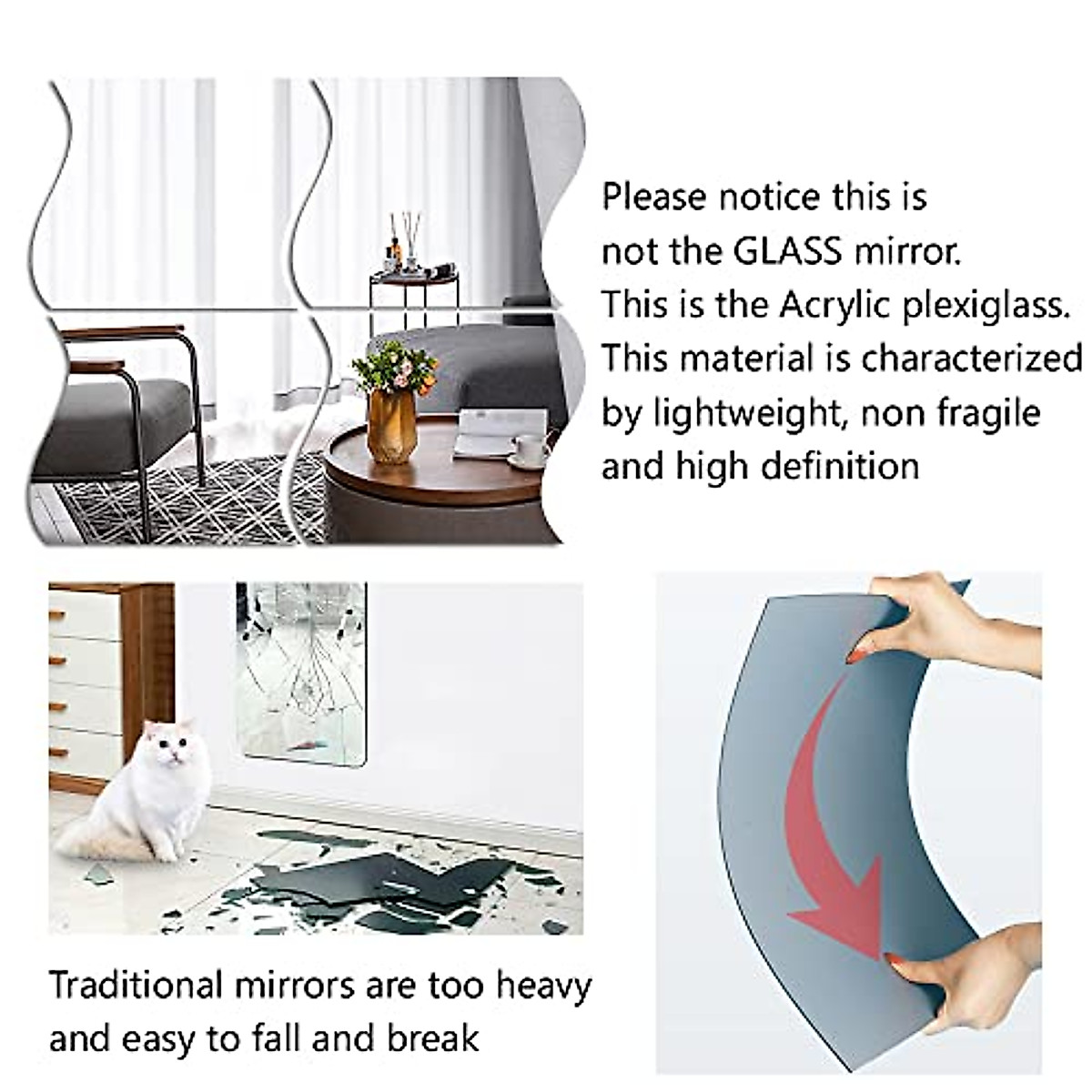 Full body Wall Mirrors, 4pcs 12x12 Removable Acrylic Plexiglass Wall-Mounted Frameless Mirror Wardrobe Full BodyLarge Long Mirror Home Workout Gym Mirror for Walls Dorm Floor Tile Self Adhesive