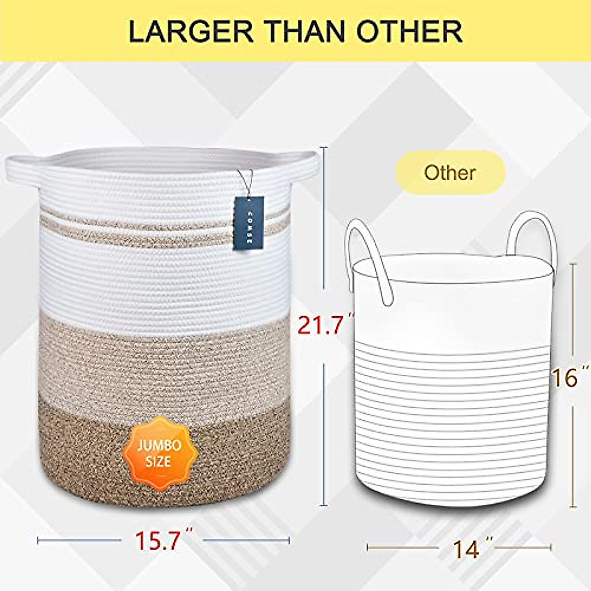 COMSE Extra Large Laundry Basket, Tall Blanket Basket, Laundry Hamper with Handles, 15.7”x 21.7”, Cotton Rope Basket, Woven Laundry Basket, Toy Basket, Clothes Baskets,Woven Basket,Gradient Brown