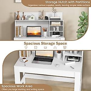 Tangkula White Desk with Hutch, Home Office Desk with Bookshelf, Writing Study Desk with Anti-Toppling Device & Cable Hole, Modern Computer Workstation PC Laptop Desk for Small Space, Bedroom