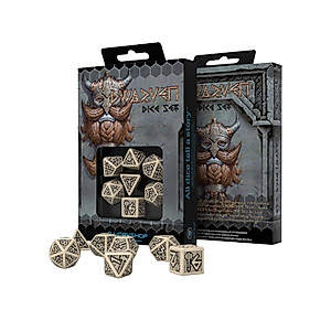 Q-Workshop Dwarven Beige & Black RPG Ornamented Dice Set 7 Polyhedral Pieces
