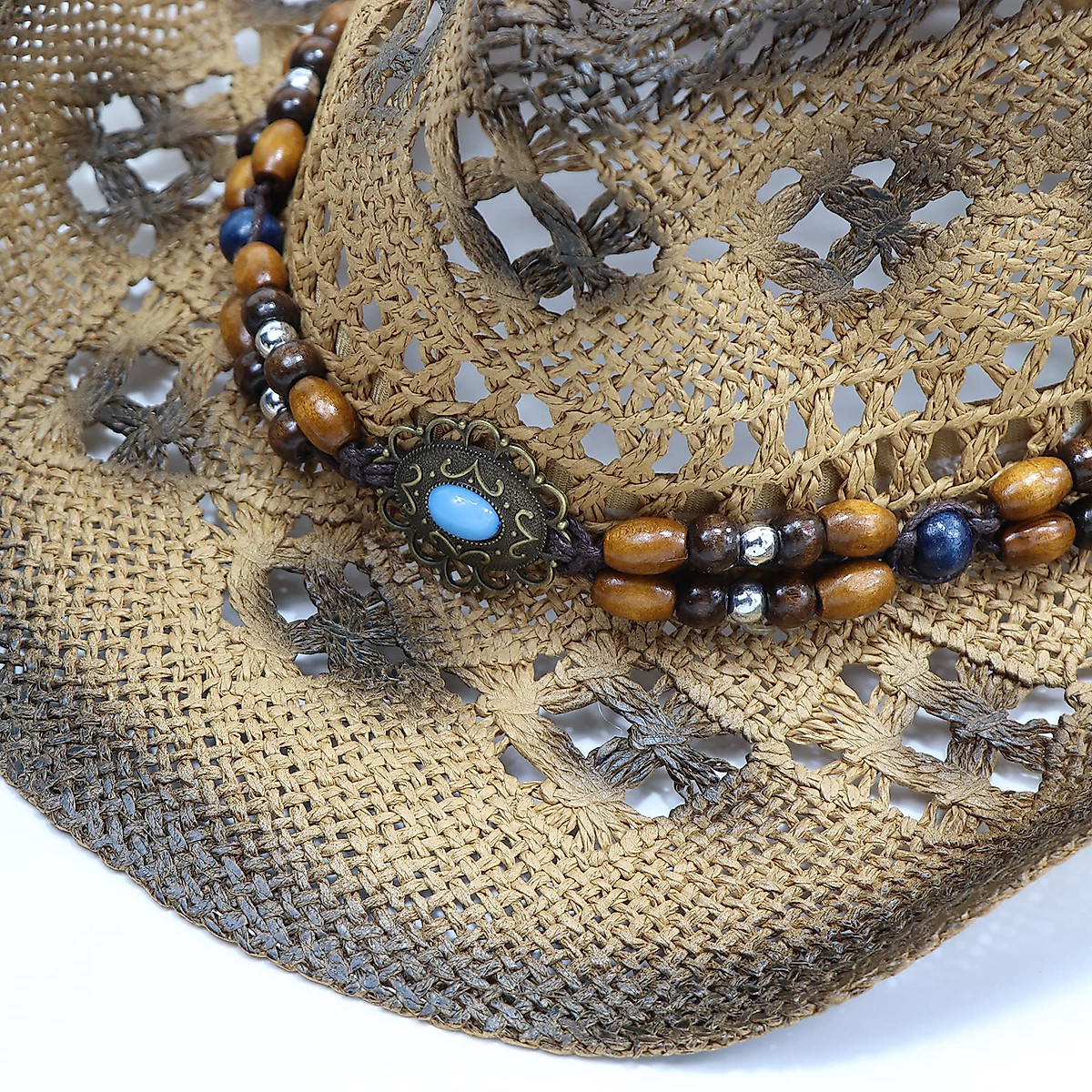 jiaoji Men & Women's Woven Straw Cowboy Cowgirl Straw Hat Cowboy Hats for Women Cowboy Hat Shapeable Brim, Beach Cowgirl (Tea Coffee/Beads)