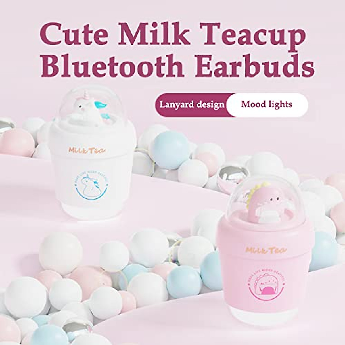Kids Earbuds for Small Ear Canals Pink Kids Wireless Earbuds for Kids Ear Buds Cute Milk Tea Cups Bluetooth in-Ear Headphones Earphones for kids with Microphones for iPhone, Android, iPad ,Galaxy