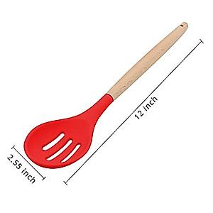 KUFUNG Silicone Slotted Serving Spoon, Wooden Handle Nonstick Mixing Spoon, Heat resistant up to 480°F. Silicone Kitchen Cooking Utensils Non-Stick Tool for Draining & Serving (Red)