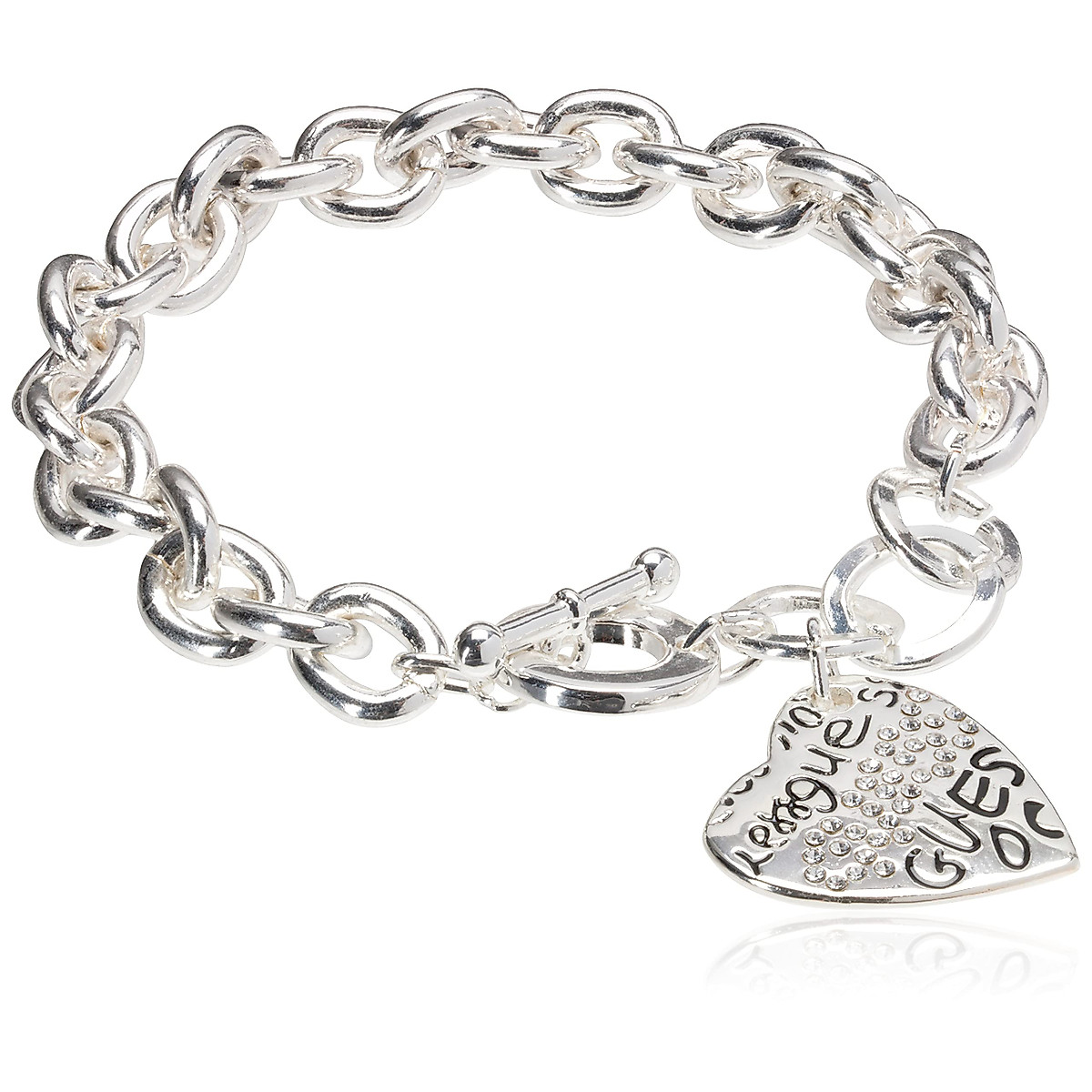 GUESS "Basic" Silver and Crystal Graffiti Heart Toggle Charm Bracelet