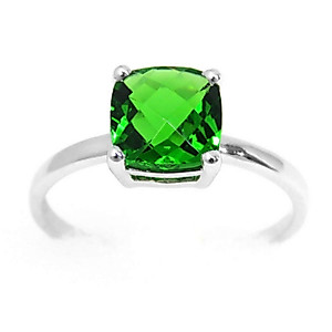 R90808G Classic Style Green Helenite Cushion Cut 8mm (1.6Ct) Sterling Silver Ring (Green, 7)