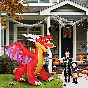 6 FT Halloween Inflatable Fire Dragon, Blow-up Red Dragon with Wings, Holiday Yard Decoration with LED Flash Light,Ground Stakes, for Lawn Yard Garden
