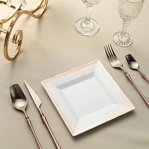 Tableclothsfactory 20 Pack 7" White Disposable Plates Square Plastic Plates Salad Dessert Plates With Shiny Rose Gold Rim For Weddings