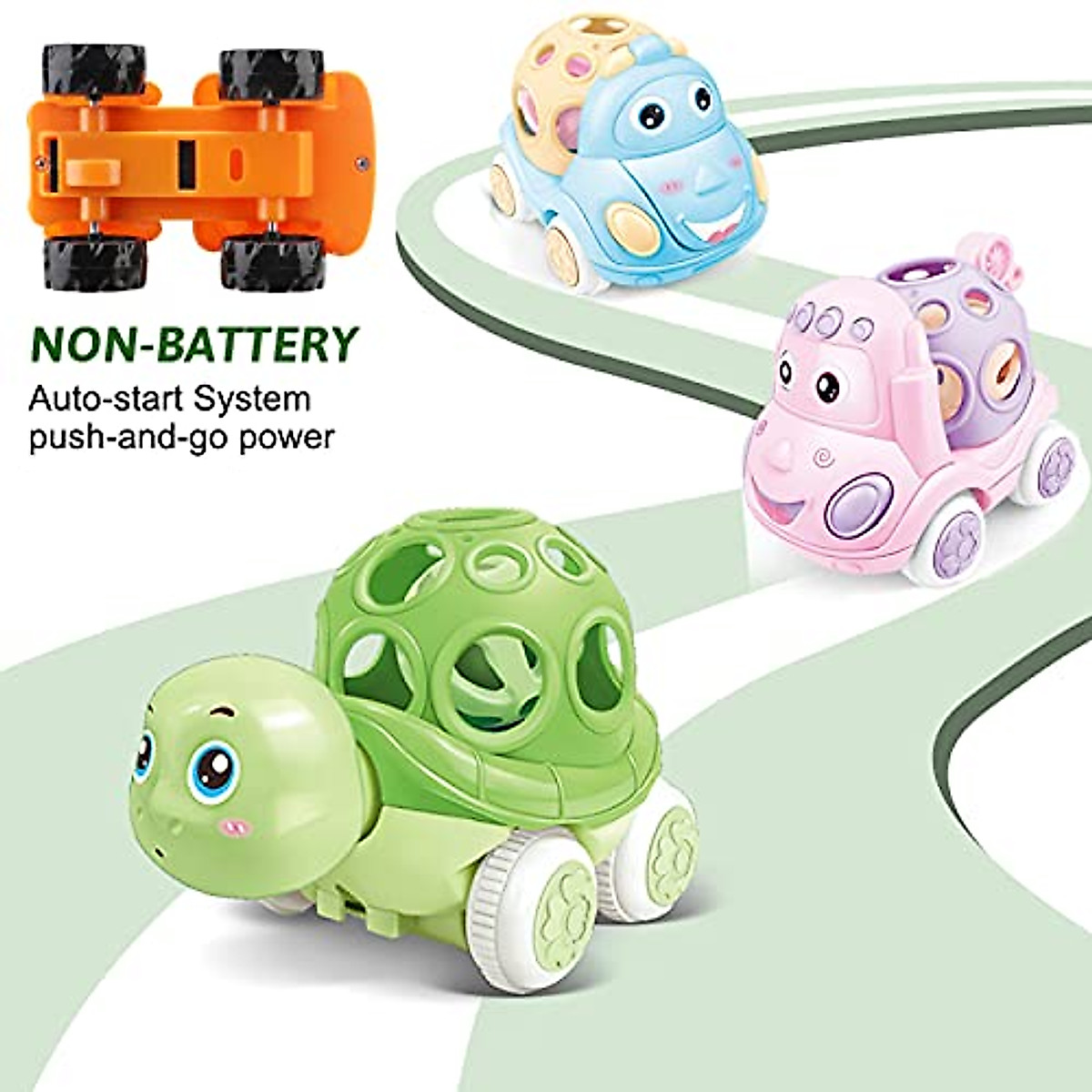 Tepear Baby Girl Rattle Roll Car Push Vehicles Soft Rubber Toy 6 12 Months Infant Boys Walker Toddler, 3pcs Fiction Power Truck Learning Gift for 1 2 3 Year Old Kid