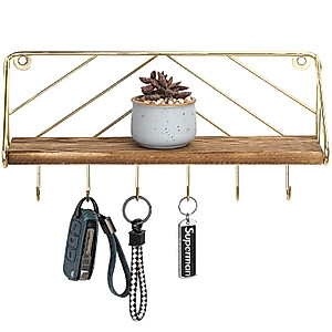 MyGift 12.4 Inch Brass Wall Key Holder Organizer Rack, Decorative Wall-Mounted Entryway Floating Wood Shelf with 6 Key Hooks
