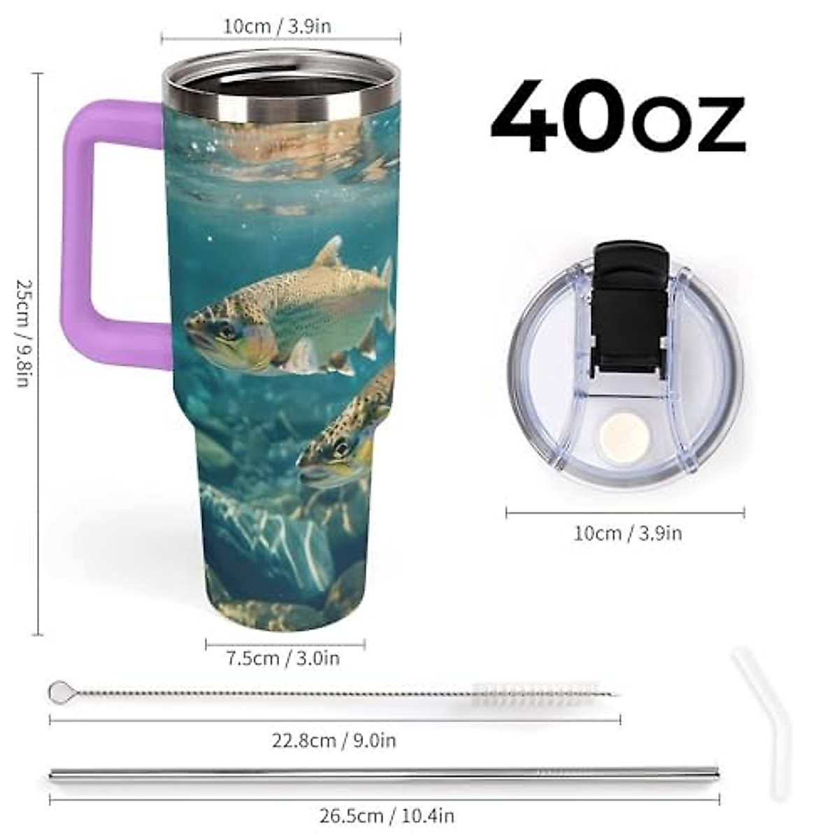 Trout 40 Oz Tumbler Insulated Stainless Steel Water Bottle Travel Mug Car Cup with Handle And Straw