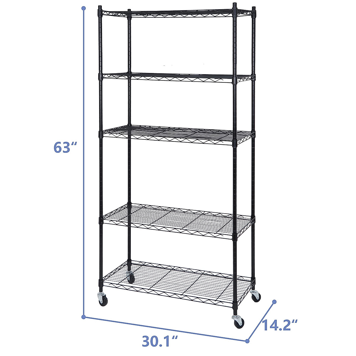 ZENY 5-Shelf Heavy Duty Shelving Storage Unit with Casters, Metal Organizer Wire Rack for Kitchen, Office, Garage, Black