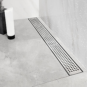Neodrain 24-Inch Linear Shower Drain with Quadrato Pattern Grate,Brushed 304 Stainless Steel Rectangle Shower Floor Drain,Linear Drain with Leveling Feet,Hair Strainer
