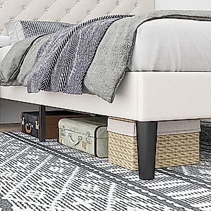 HOMBCK Twin Bed Frame, Upholstered Bed Frane Twin with Button Tufted Headboard, Linen Fabric Modern Bed Frame, Sturdy Wood Slat Support, No Box Spring Needed, Beige