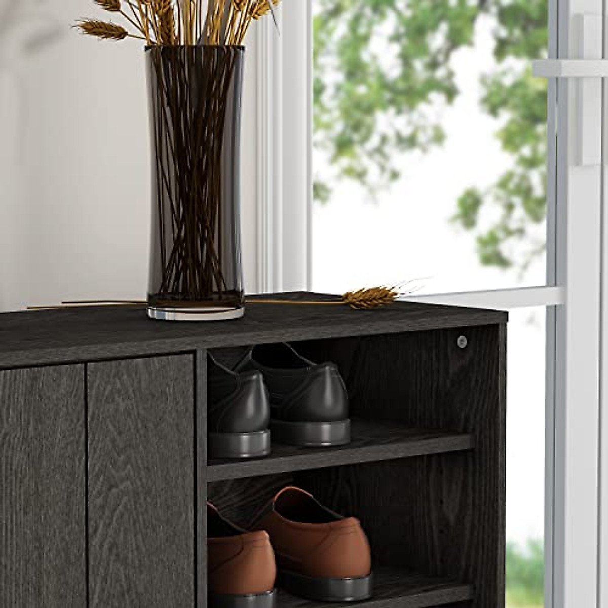 Galano 16 Pair Lucca 2 Door Shoe Storage Cabinet with Open Shelf and Doors – Shoe Rack - Shoe Storage Entryway – Shoe Organizer for Home and Office - Dark Grey Oak