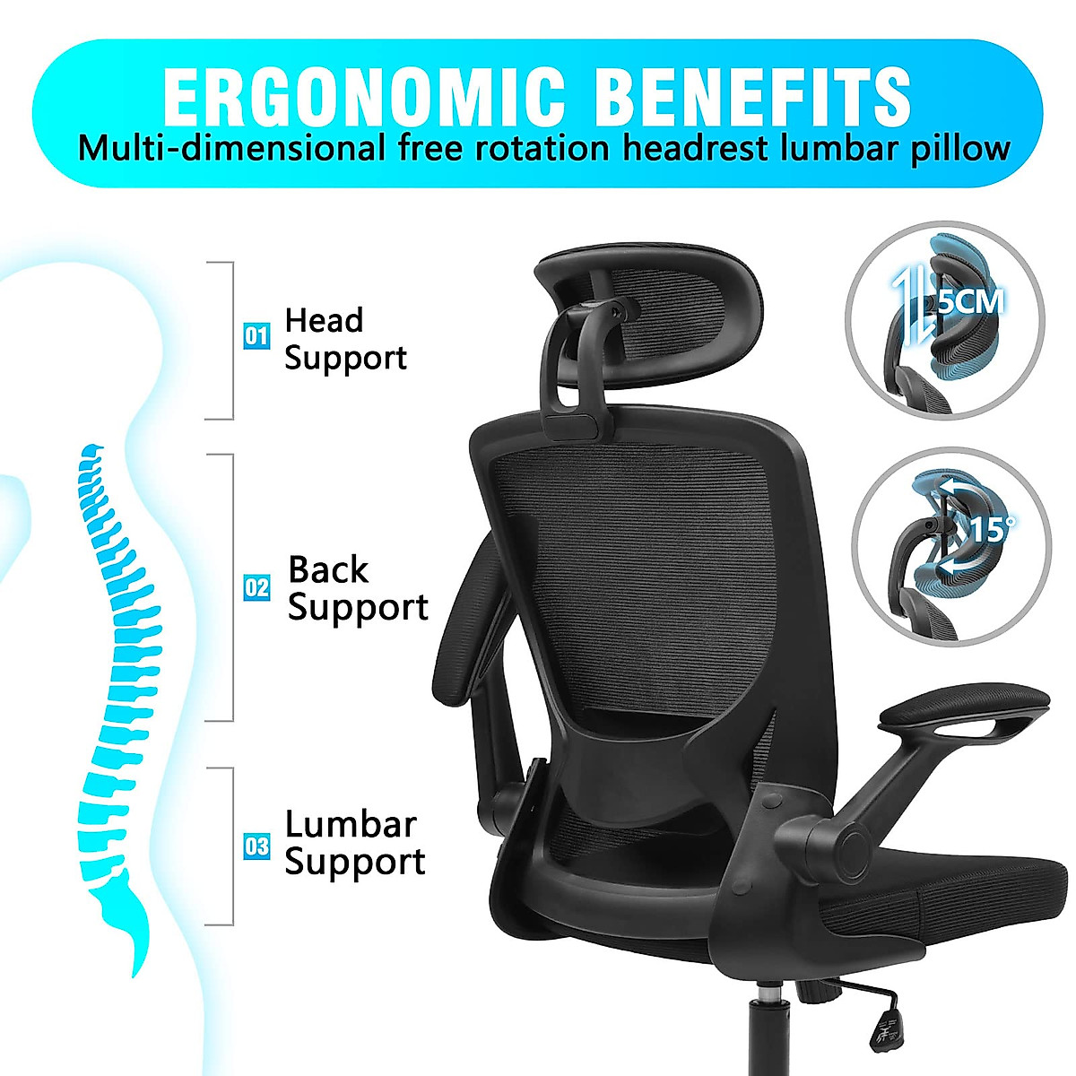 COLOY Ergonomic Office Chair, Breathable Mesh Desk Chair, Lumbar Support Computer Chair with Headrest and Flip-up Arms, Swivel Task Chair, Adjustable Height Gaming Chair(Black)(9060H,Black)