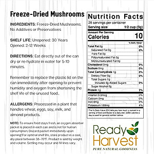 Ready Harvest - Freeze Dried Whole Foods for Emergency Food Storage, Camping Supplies, and Survival Kits | Sealed Fresh in #10 Can | 30 Year Shelf Life | 1 Can | Mushrooms