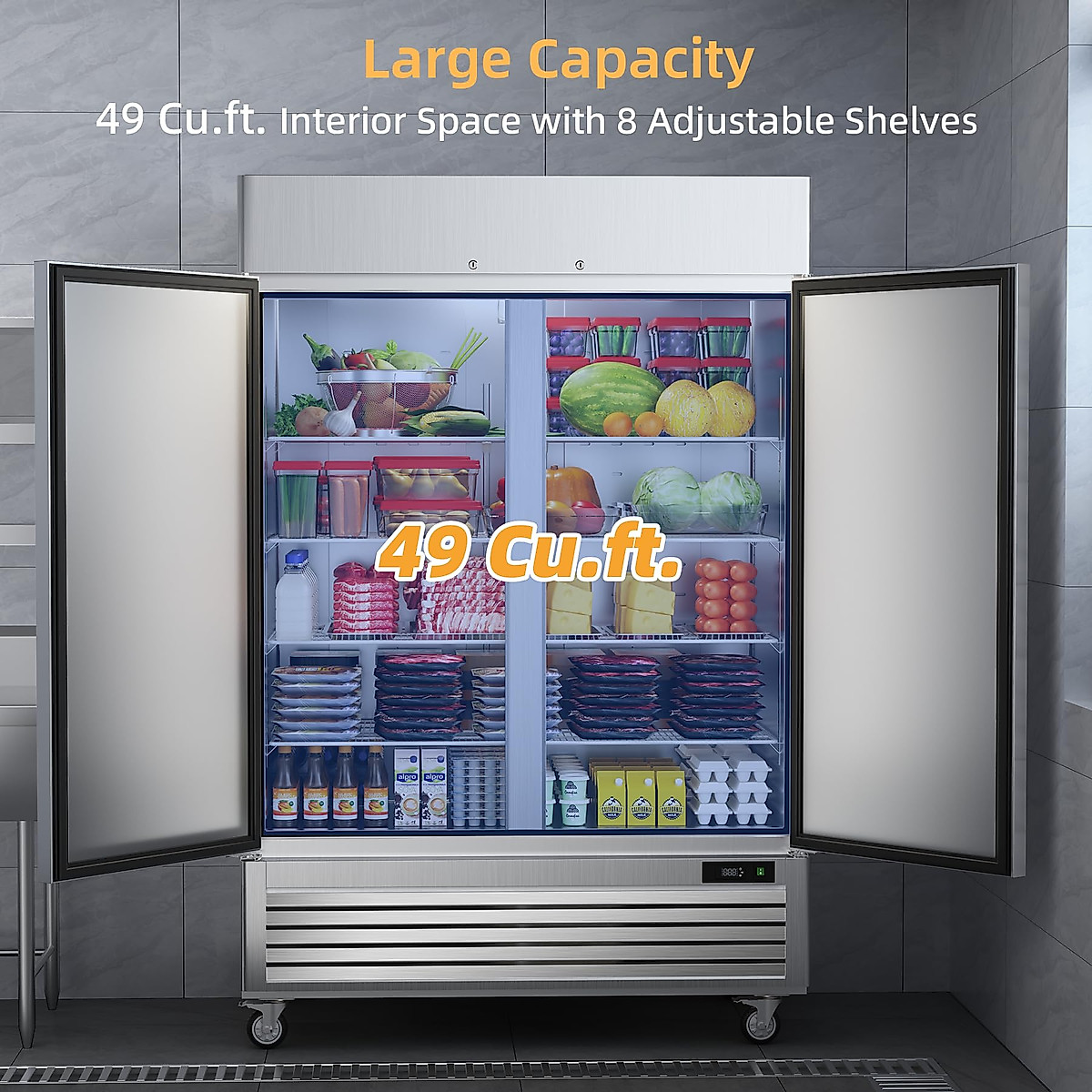 Coolski 54’’ Commercial Freezer with 2 Door, Stainless Steel Reach-in Freezer Upright with 49 Cu.Ft/8 Shelves, Two Section Fan Cooling Freezers for Restaurant Garage ETL NSF Approved