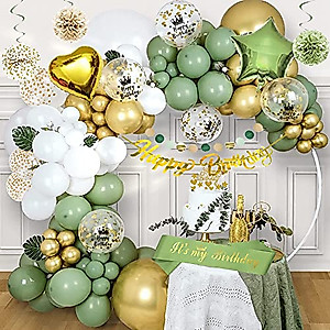 GYESXYW Sage Green Party Decorations, Olive Green and Gold Birthday Decorations Happy Birthday Banner, Birthday Sash and Gold Confetti Balloons for Men Women Boys Girls Baby Shower Birthday Supplie