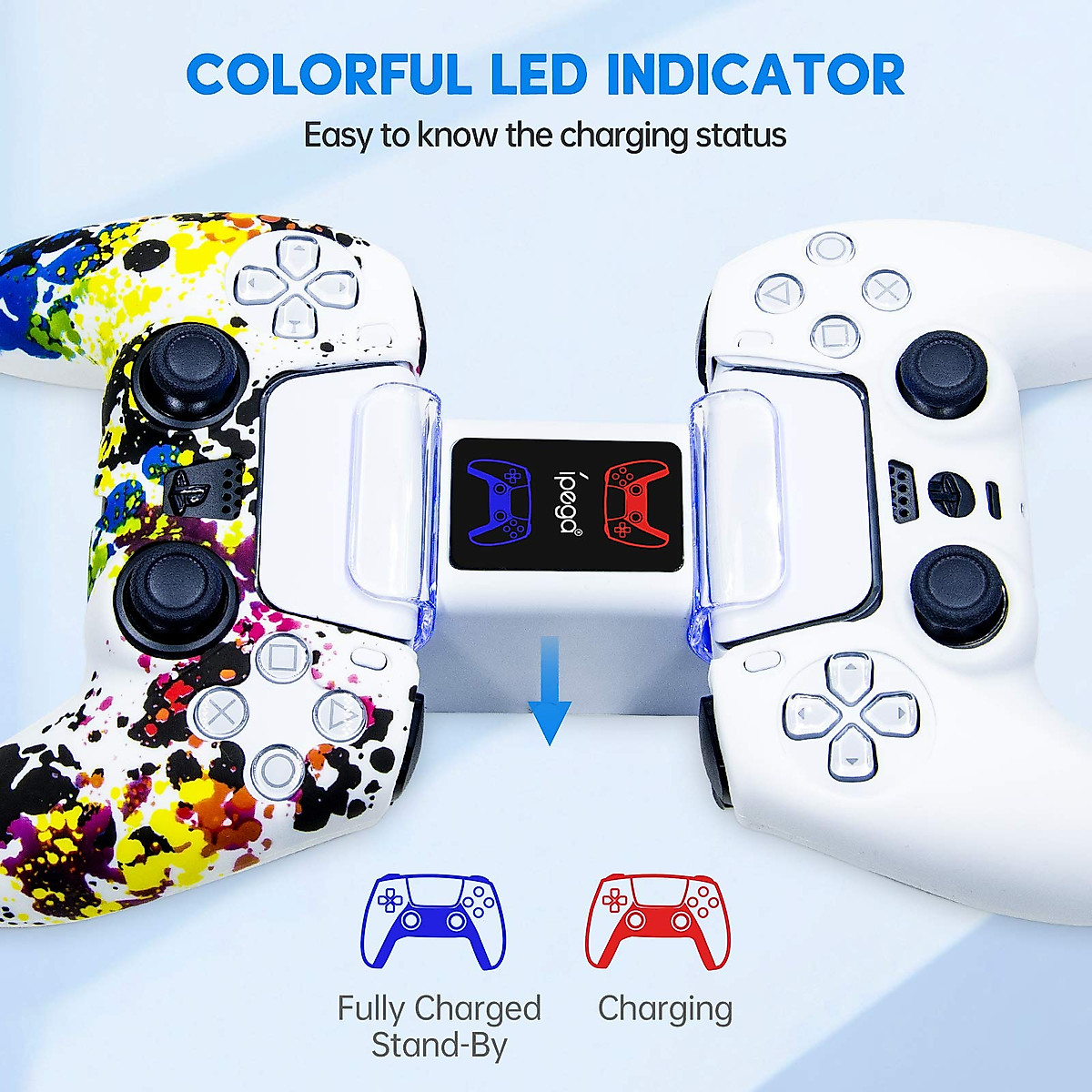 Upgraded PS5 Controller Charger with Thumb Grip Kit, Ipega DualSense Charging Station with LED Indicators, Dual USB Type C Fast Charging and Safety Chip Protection for Sony Playstation 5 Controllers