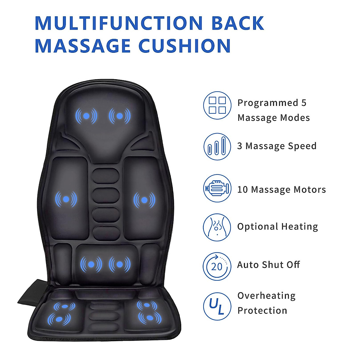 Back Massager with Heat for Pain Relief, Back Massage Chair Pad, Chair Massager for Full Body Massage, Deep Tissue Vibration Massager with 2 Adapters, Chair Massage for Office and Recliner