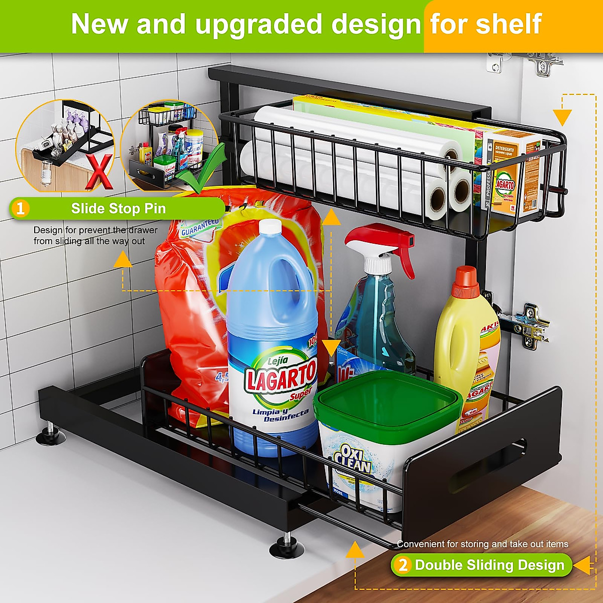 Mlinavn 2 Pack Under Sink Organizer,Pull Out Cabinet Organizer 2 Tier Slide Out Sink Shelf Cabinet Organizer and Storage,Adjustable Under Counter Organizers for Under Kitchen Bathroom Organization