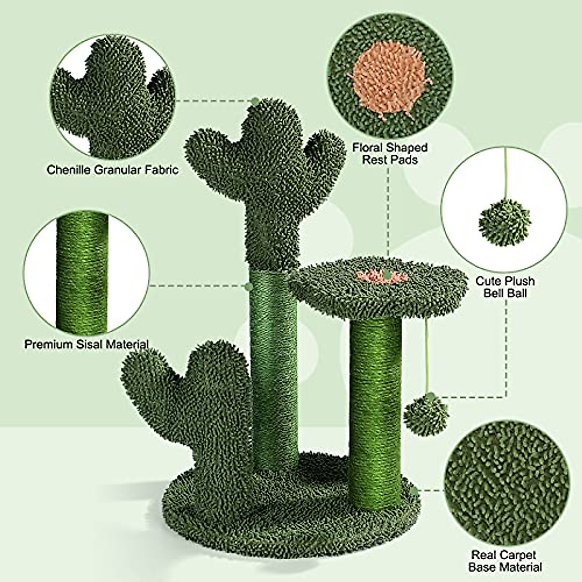 T2Y Cat Scratching Post - Cactus Cat Scratcher Tower with 3 Scratch Post and Dangling Bell Ball, Full Wrapped Premium Natural Sisal Scratching Post for Indoor Cats - Medium